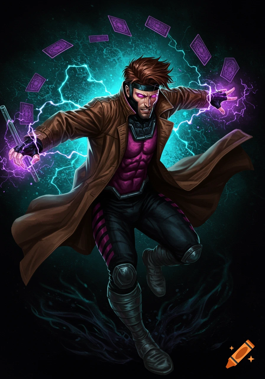 Gambit, a male superhero, throws glowing purple playing cards with teal ...