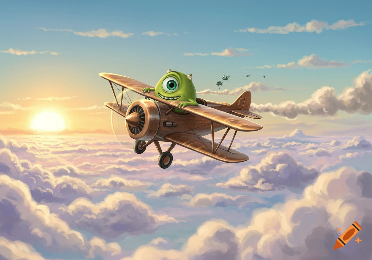 Cartoon illustration of Mike Wazowski flying a biplane over clouds ...