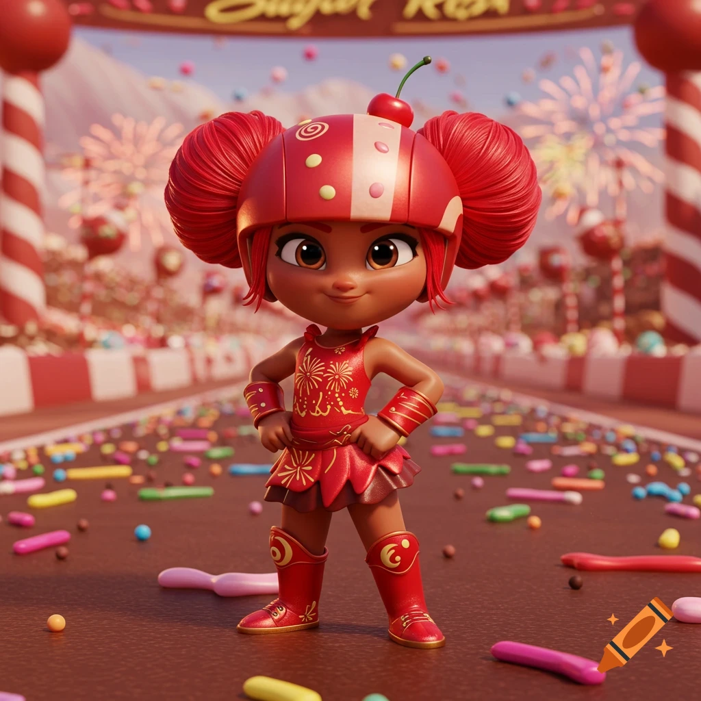 A 3D animated cartoon girl in a red racing suit and helmet stands on a ...