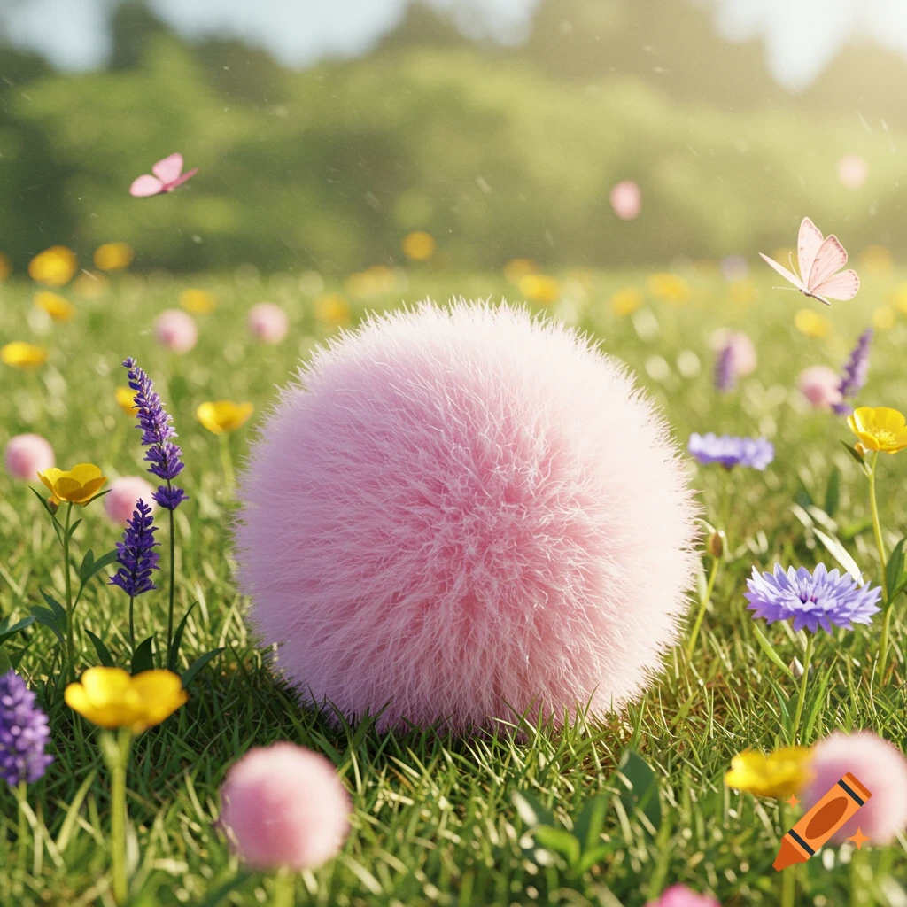 A fluffy pink puffball rests in a sunlit grassy field among colorful ...