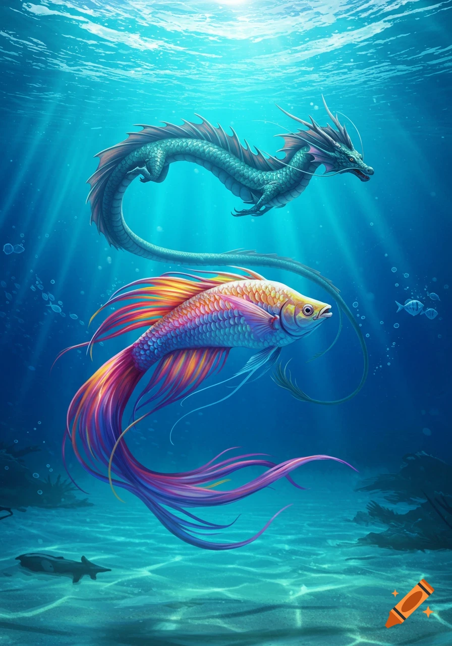 A vibrant rainbow fish with long, flowing fins swims below a majestic ...