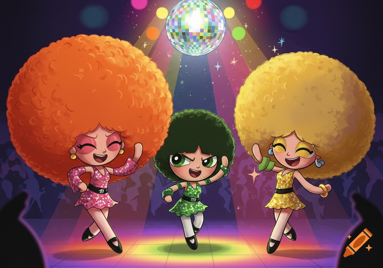 Three cartoon girls resembling the Powerpuff Girls with large orange ...