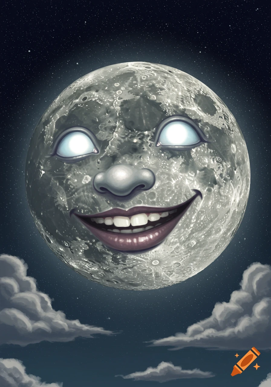 An anthropomorphic moon with bright glowing eyes and a wide smile ...