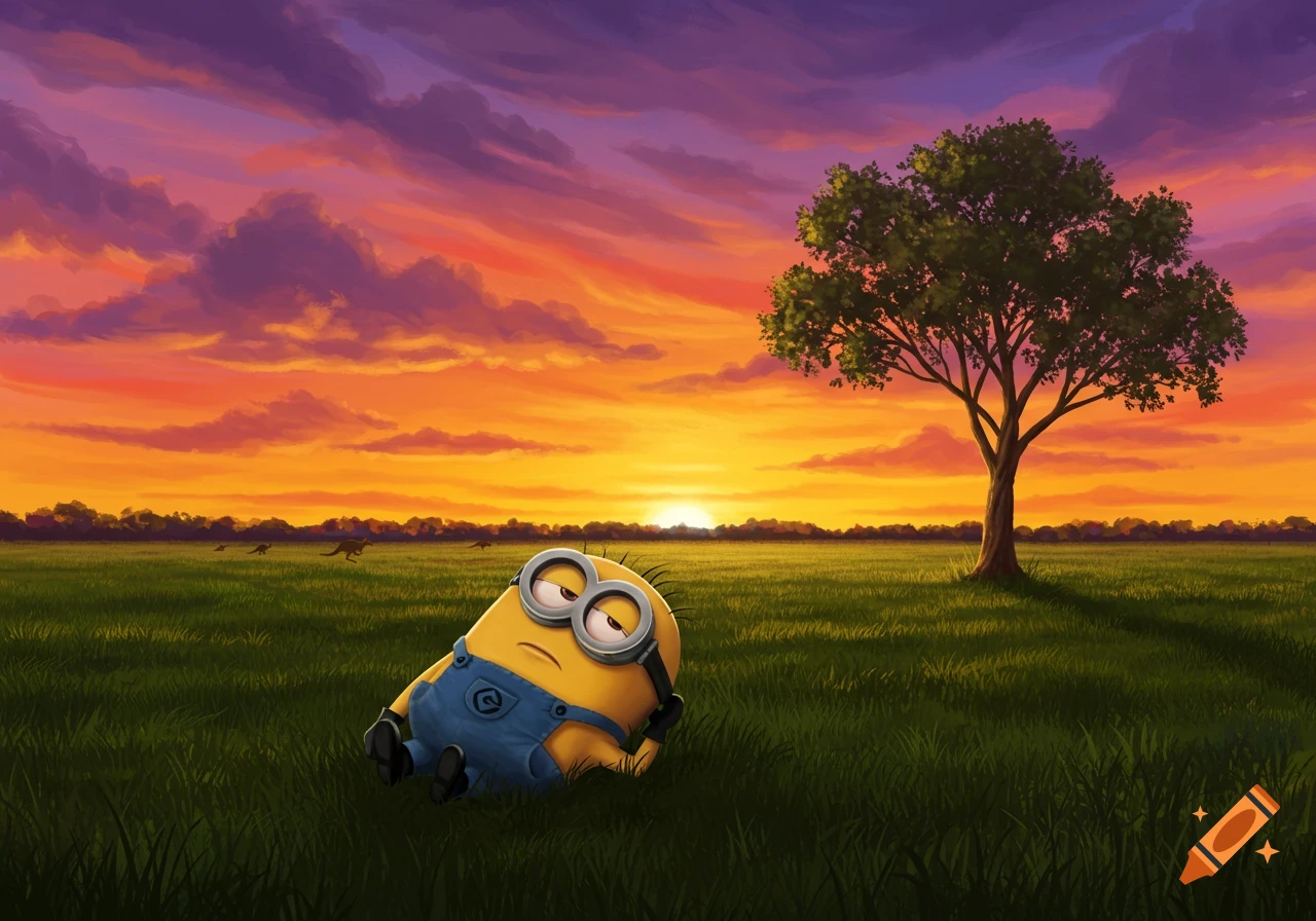 A tired Minion lies in a vast green field under a vibrant orange and ...