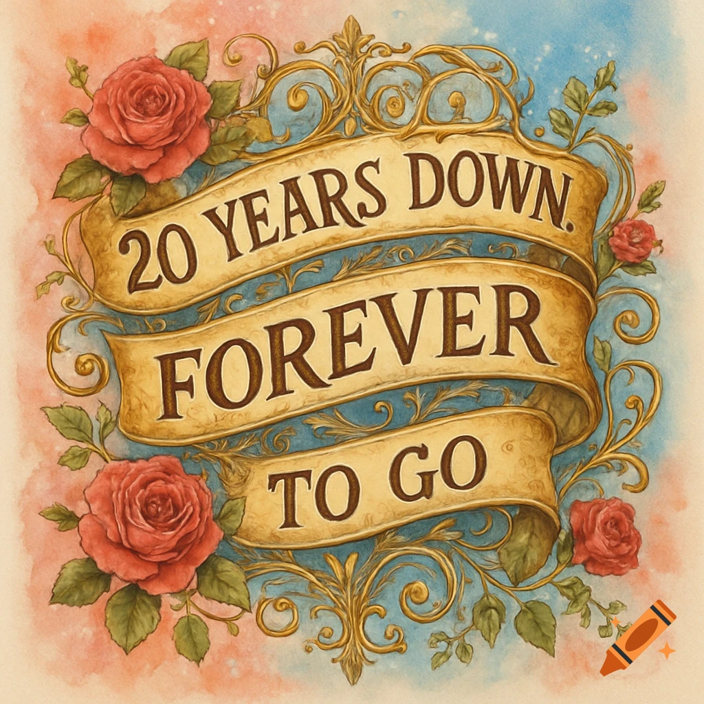 Watercolor illustration of a gold banner with '20 YEARS DOWN. FOREVER ...