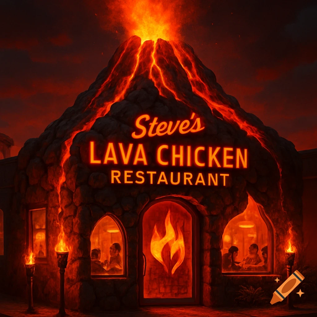 A volcano-shaped restaurant with lava flowing down its sides and a neon ...