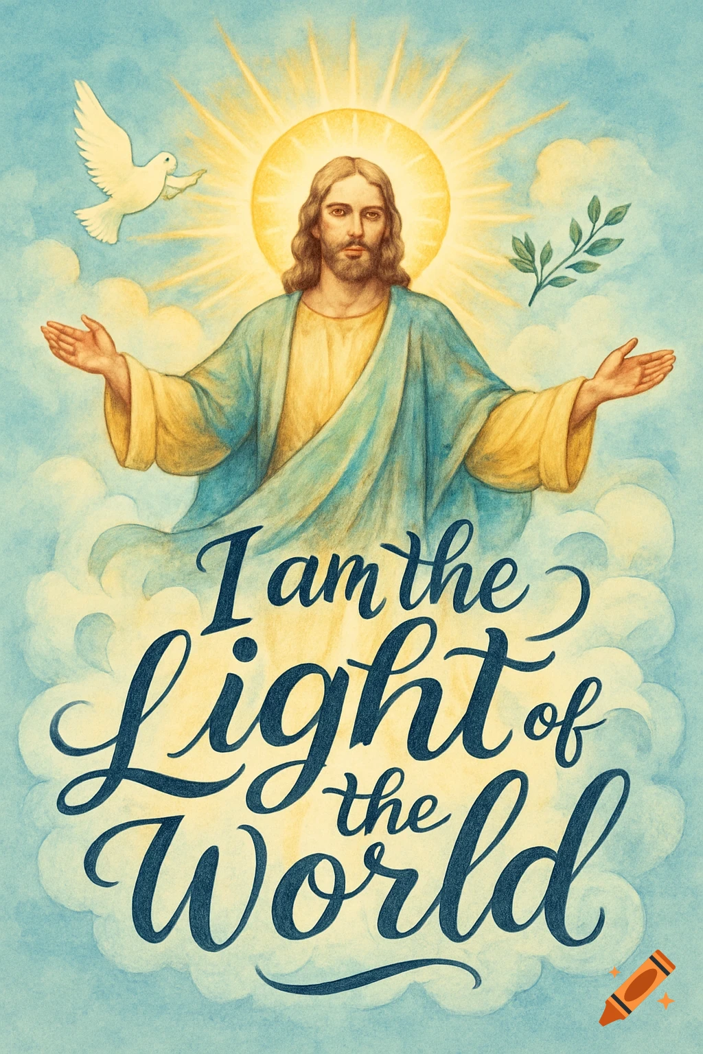 Watercolor of Jesus with outstretched arms, a dove, and olive branch ...