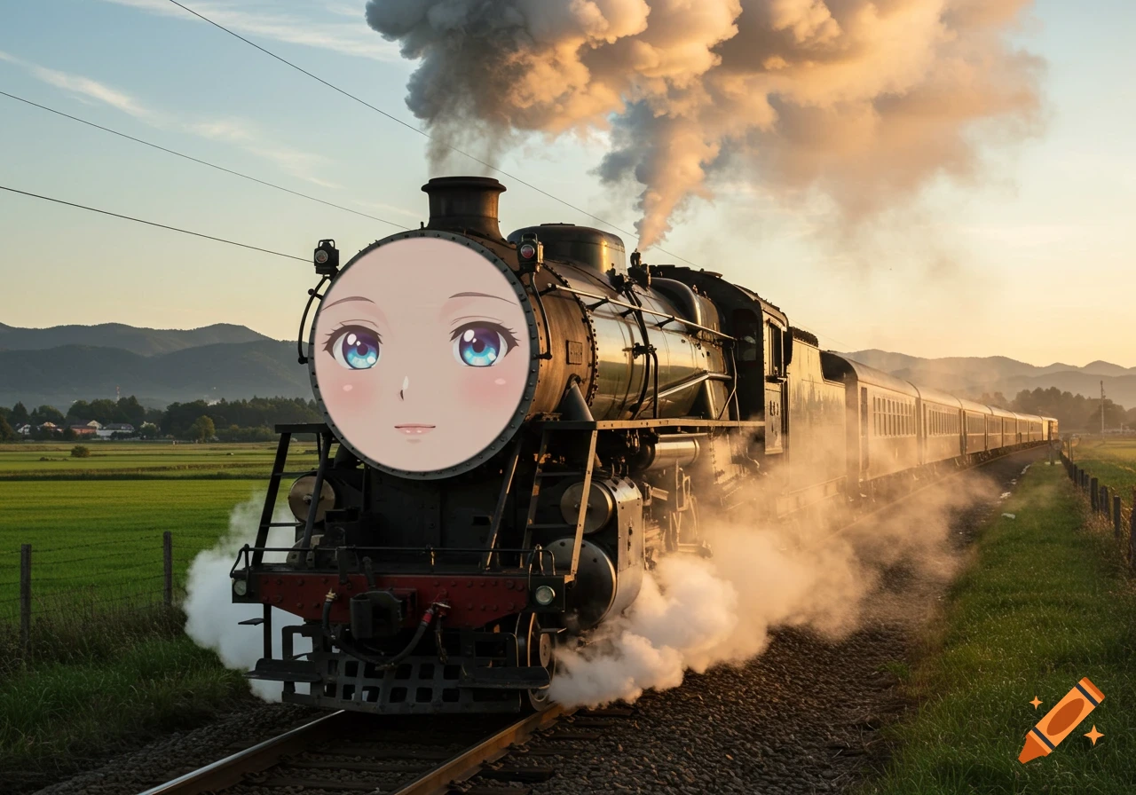 A steam locomotive with an anime face on its front, chugging through a ...