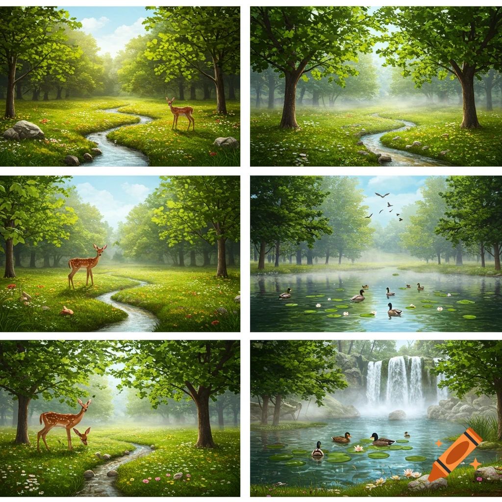 A grid of six vibrant, photorealistic nature scenes featuring forests ...