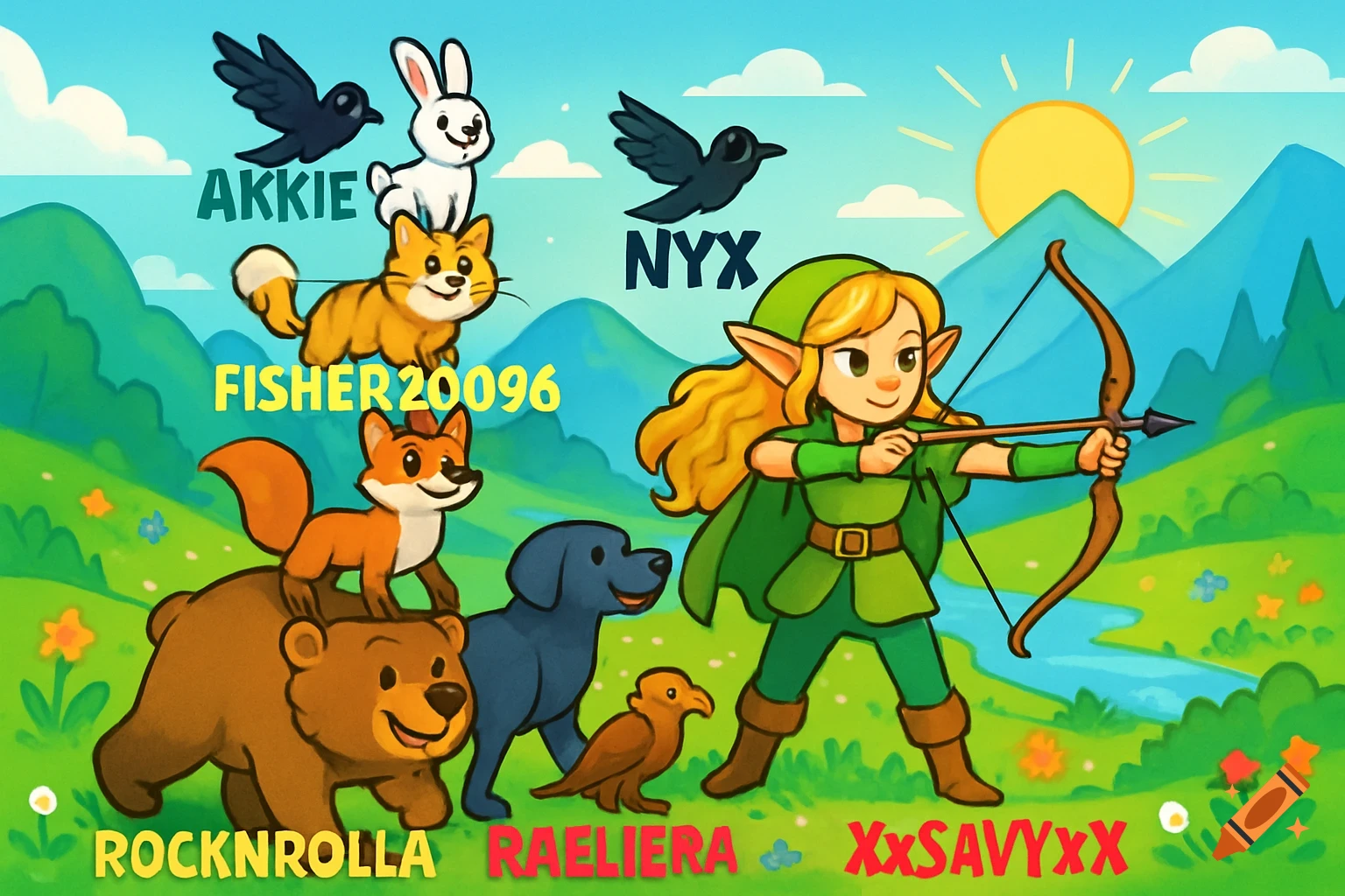 A whimsical cartoon illustration of an elf archer surrounded by various ...