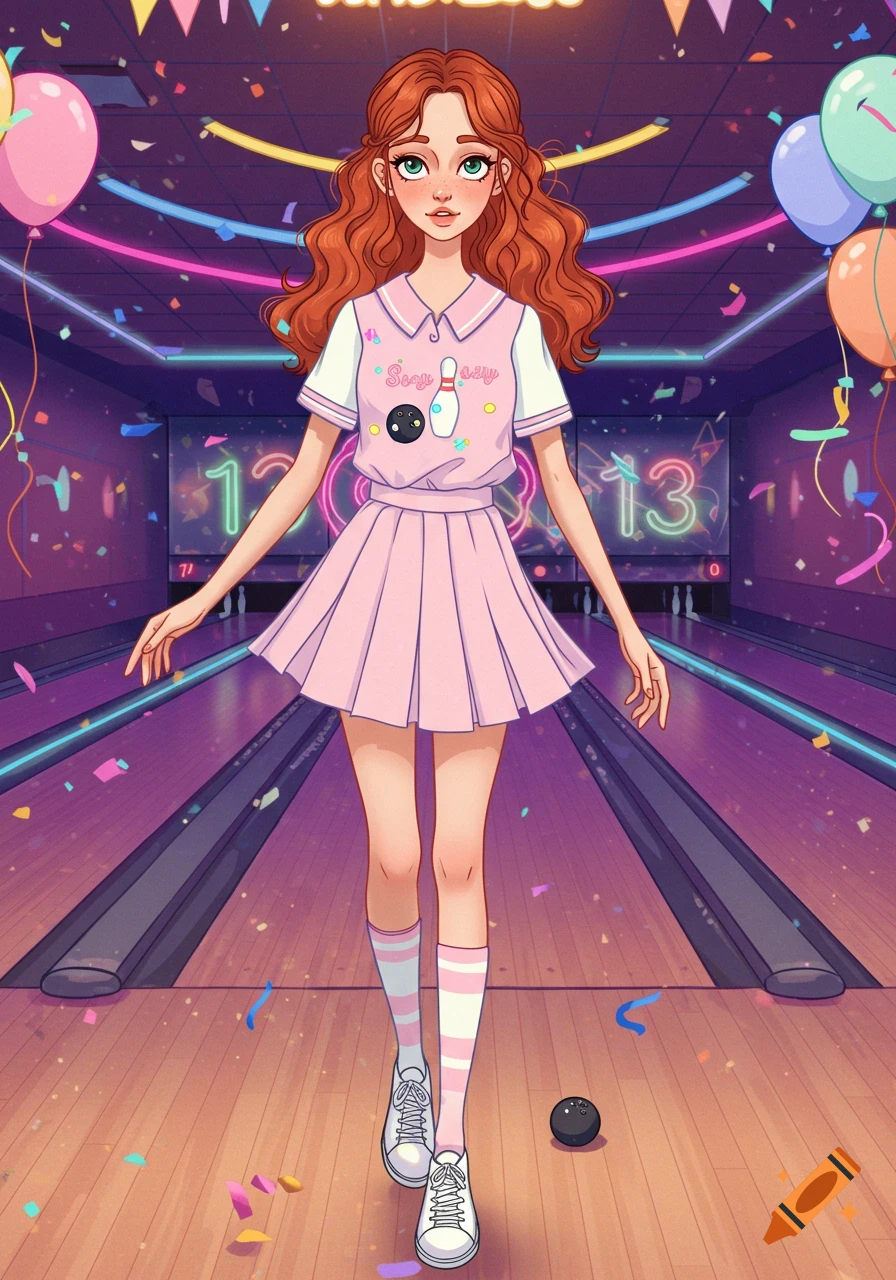 An anime-style illustration of a girl with red hair in a pink bowling ...