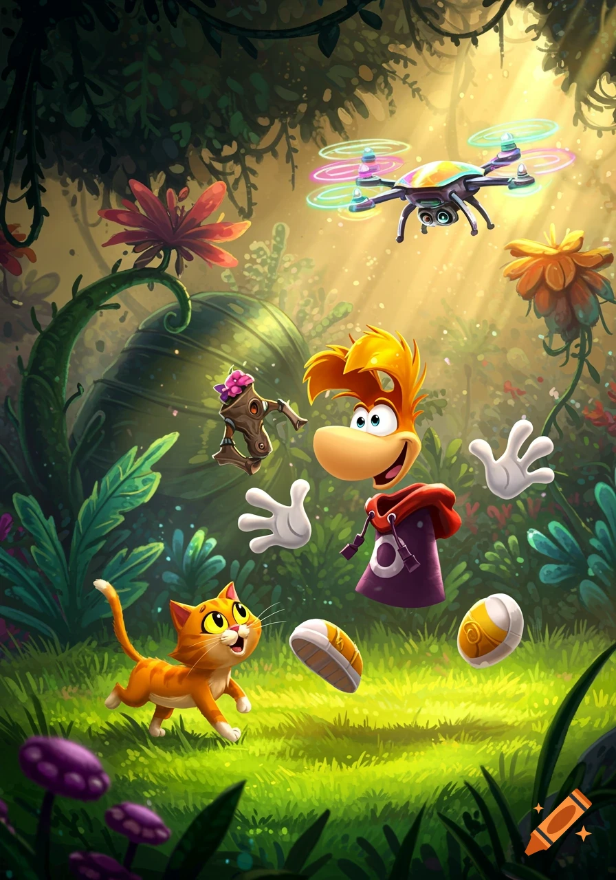 Rayman, a ginger cat, and a drone in a vibrant, lush jungle. Cartoon ...