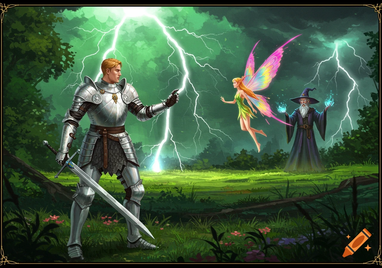 A knight in white armor stands in a green, stormy landscape. A glowing ...