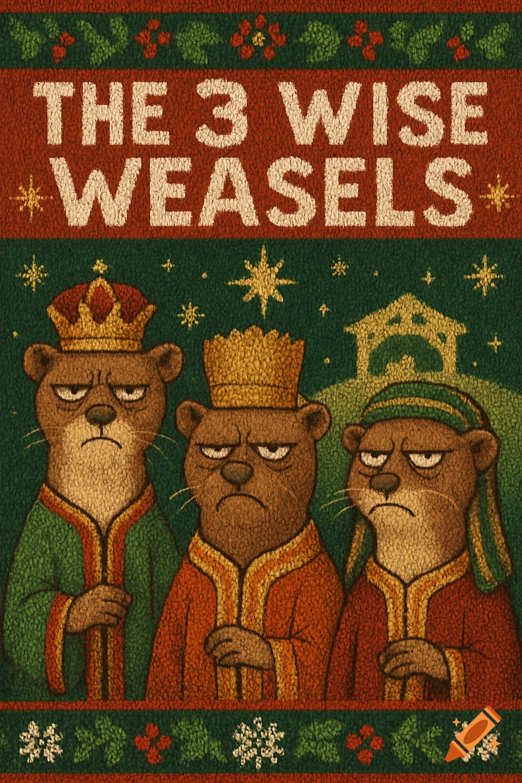 Three grumpy weasels dressed as the three wise men, depicted in a ...