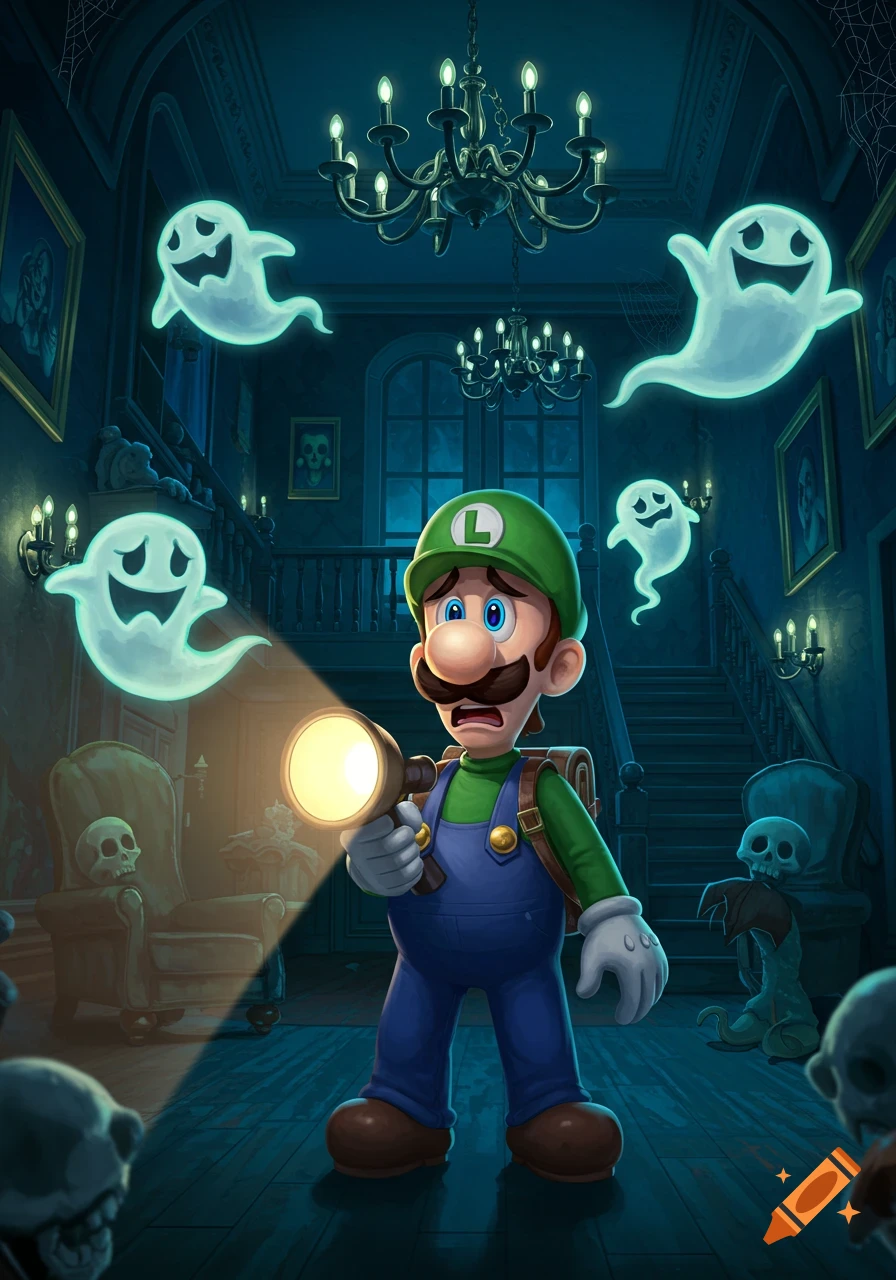 Mario, holding a glowing lantern, explores a dark catacomb filled with ...