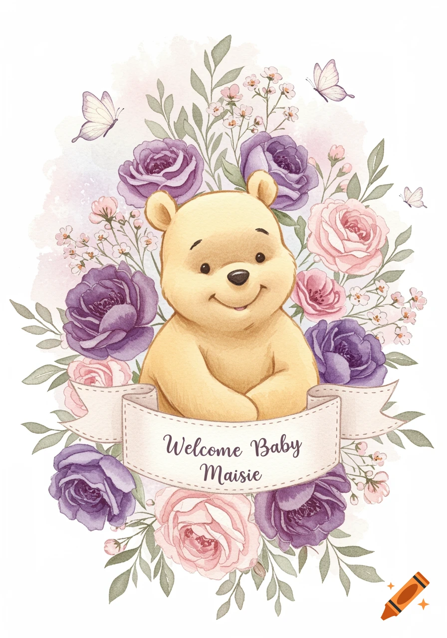 Watercolor illustration of Winnie the Pooh surrounded by purple and ...
