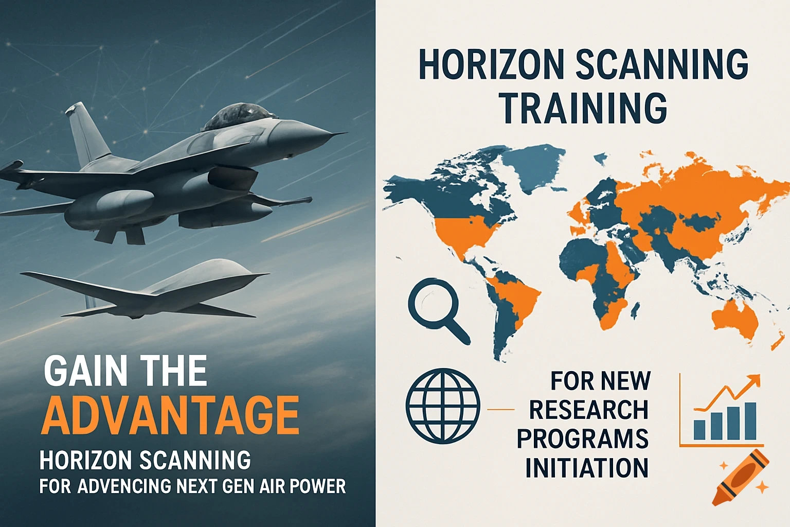 An F-16 fighter jet and a UAV fly above text, beside a stylized world ...