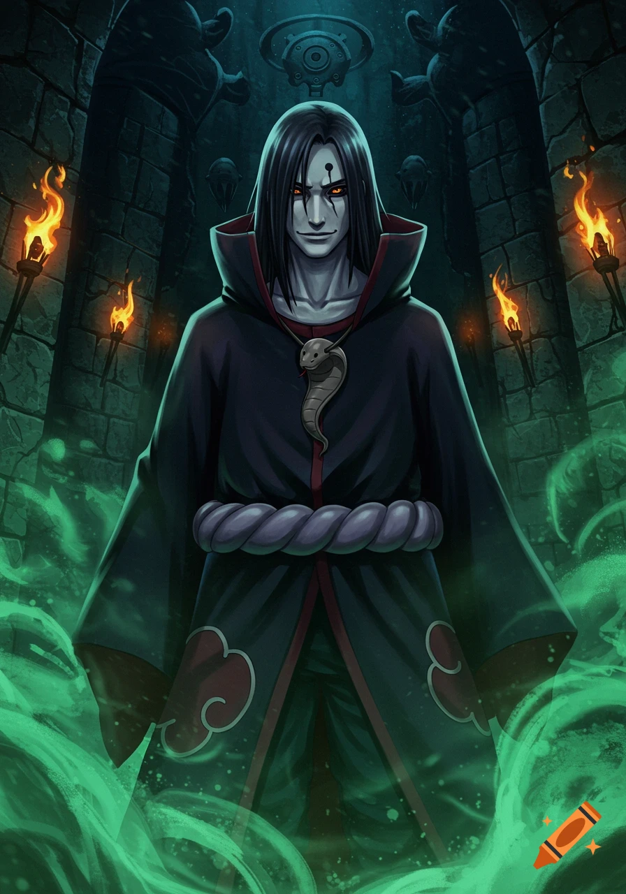 A close-up digital art portrait of Orochimaru with pale skin, black ...