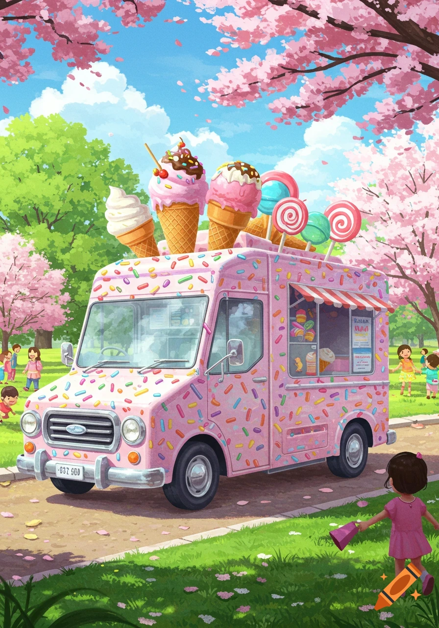 Cartoon illustration of a giant smiling ice cream cone with a child ...