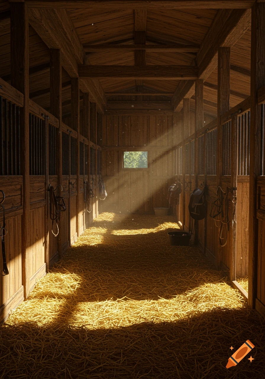 A photorealistic view inside a wooden horse barn with hay on the floor ...