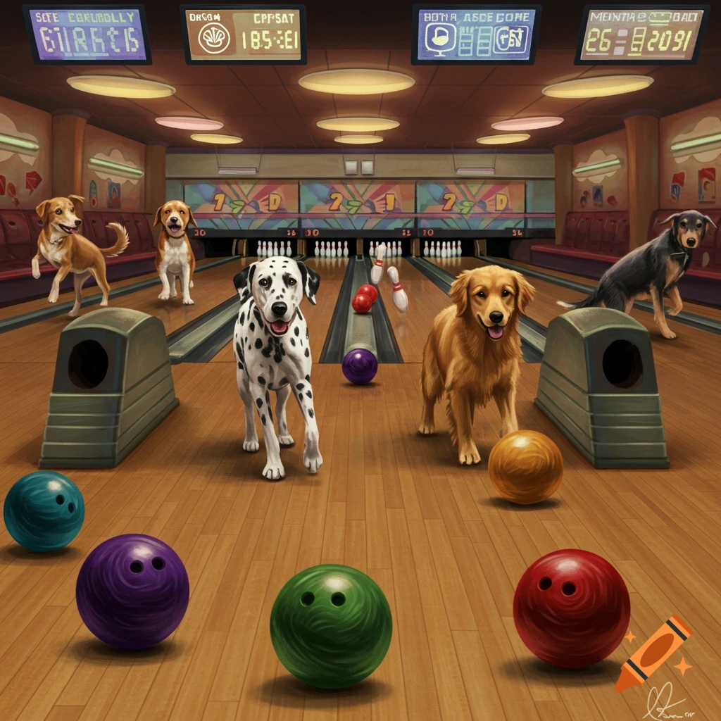 A group of happy dogs bowling in a colorful, cartoon-style bowling ...