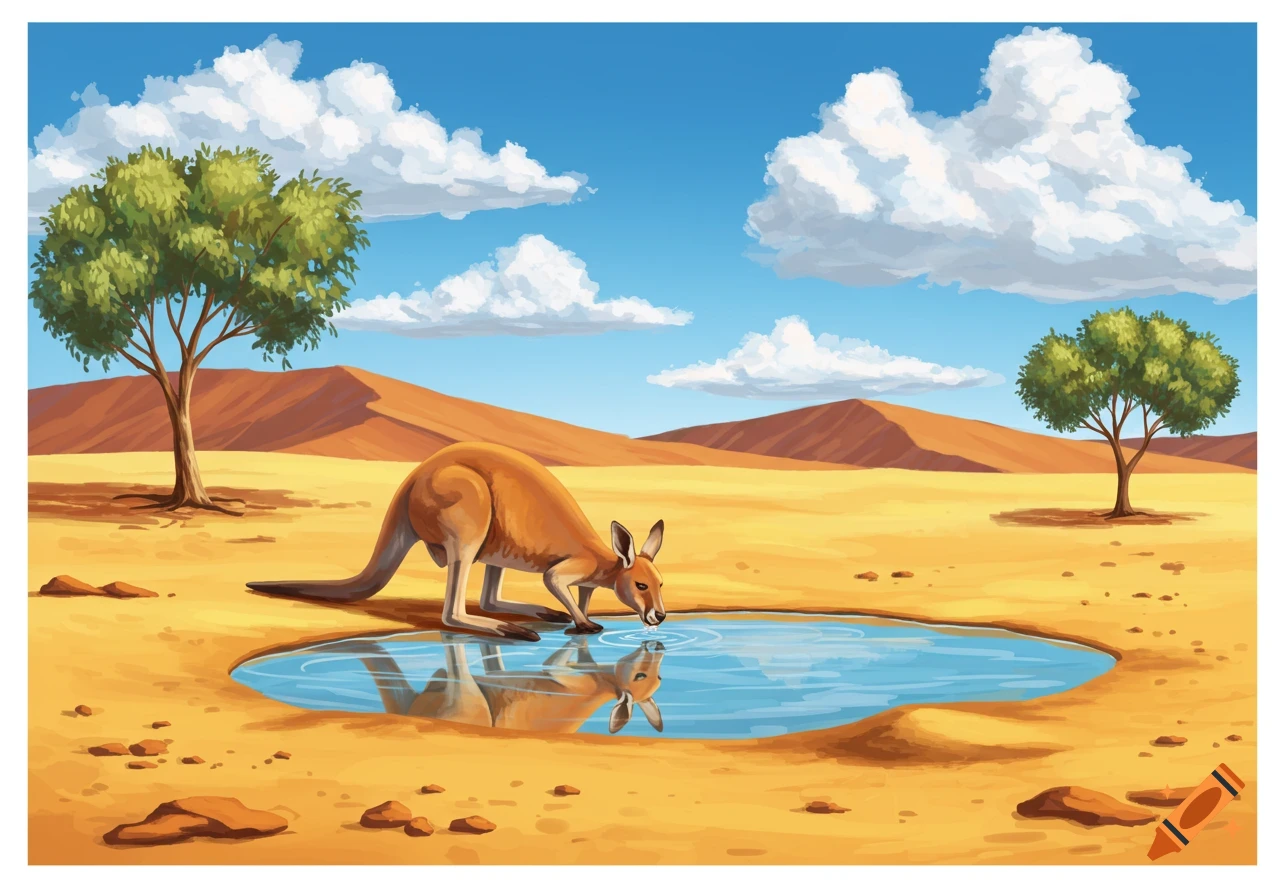 A red kangaroo drinks water from a small pond in a vibrant, stylized ...