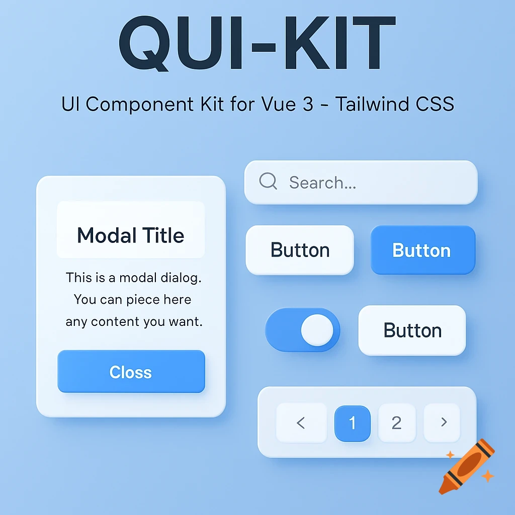 A modern UI component kit called QUI-KIT, featuring a modal, search bar ...