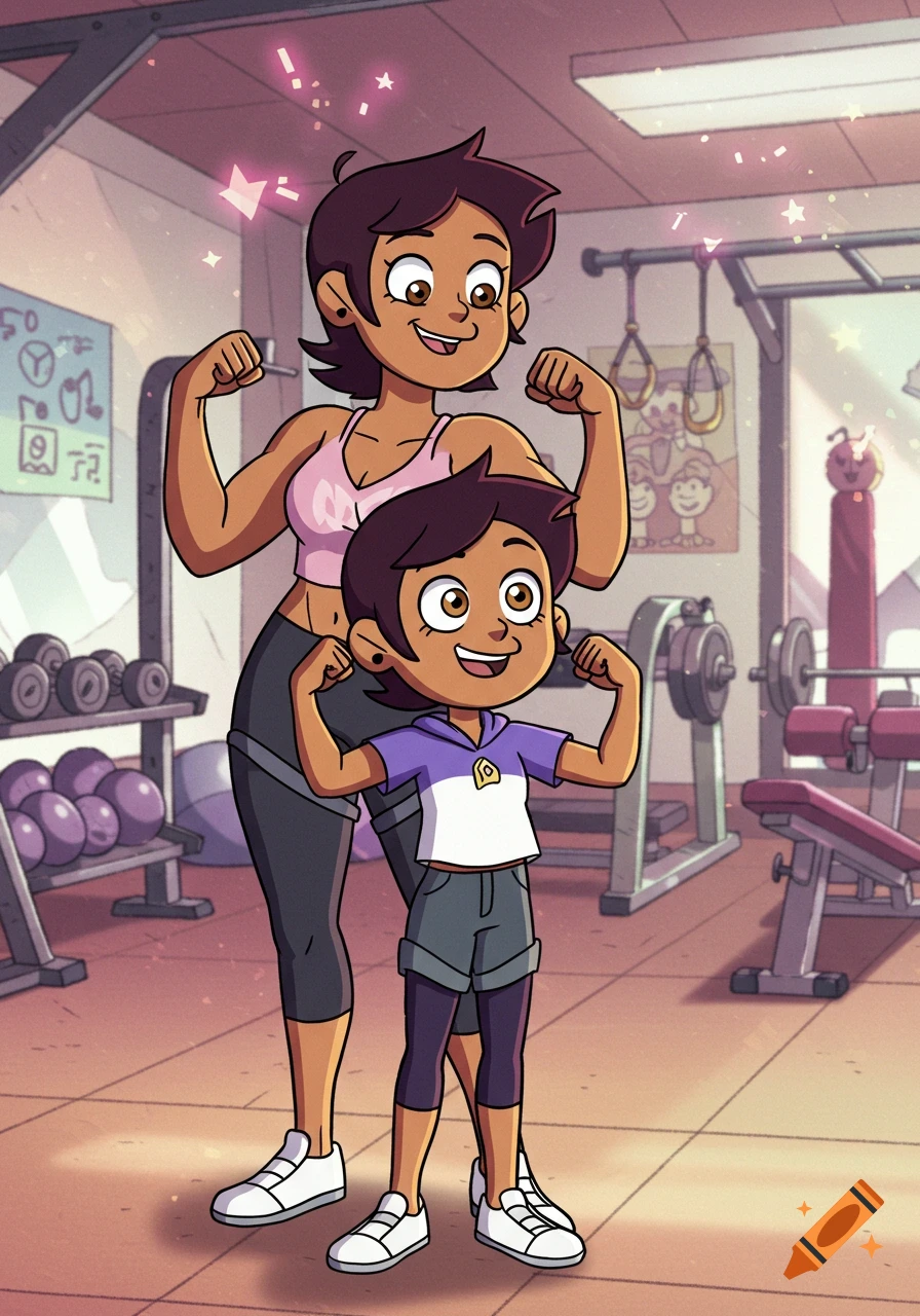 A cartoon image of Luz from The Owl House and an older woman flexing ...