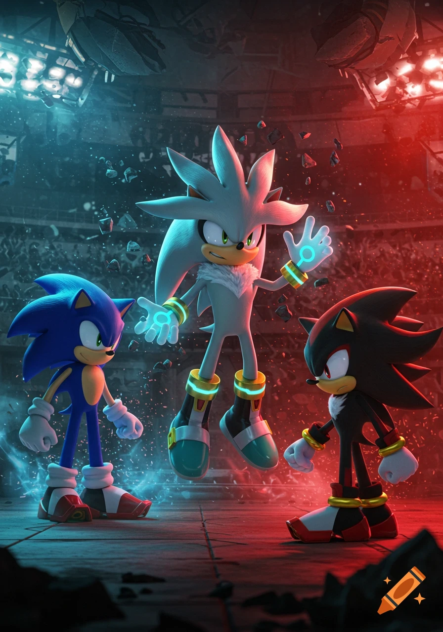 Sonic, Silver, and Shadow the Hedgehogs in a dramatic battle arena with ...