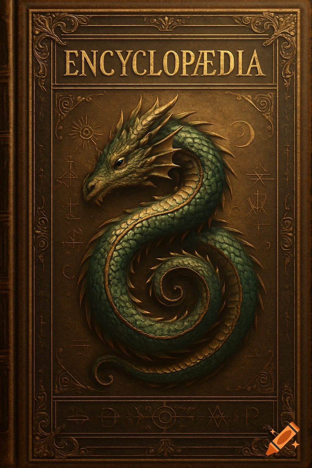Ornate antique book cover with a detailed green and gold dragon curled ...