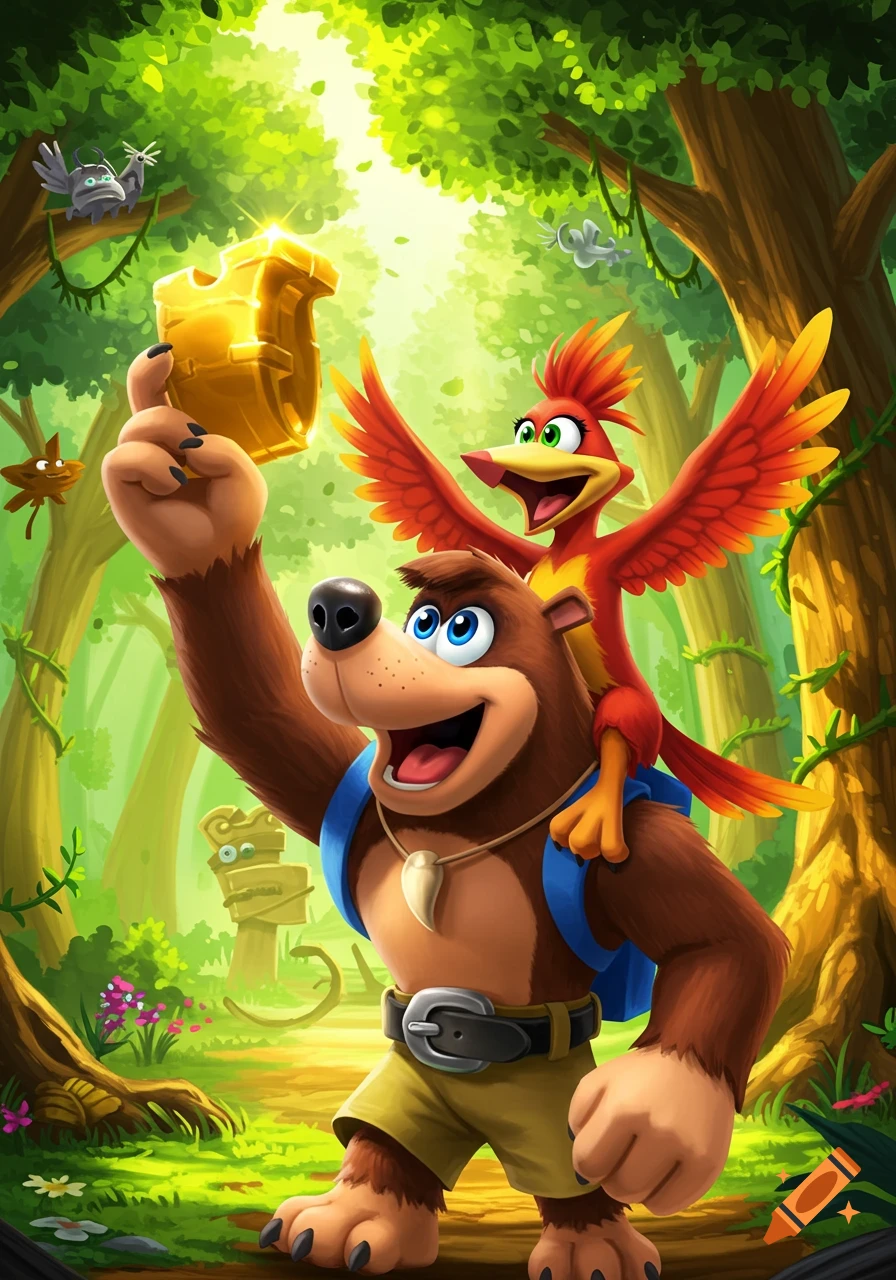 Banjo the brown bear holds a golden puzzle piece while Kazooie the red ...