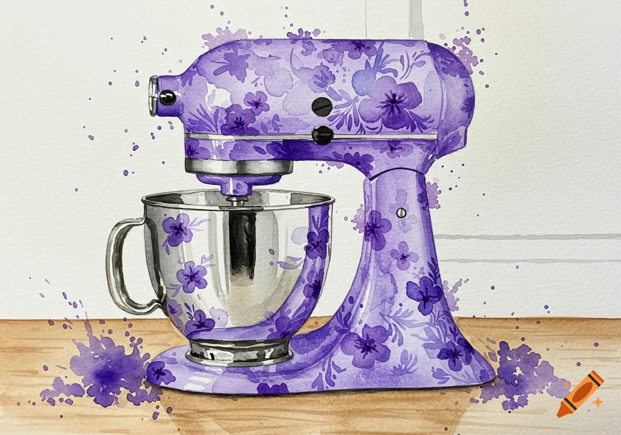 Watercolor illustration of a purple floral stand mixer with a silver ...