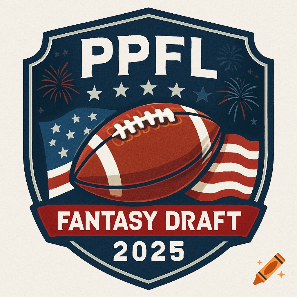 A patriotic fantasy football logo on a shield with an American flag ...