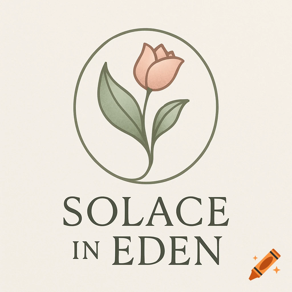 A logo with a pink tulip and green leaves inside a circular outline ...