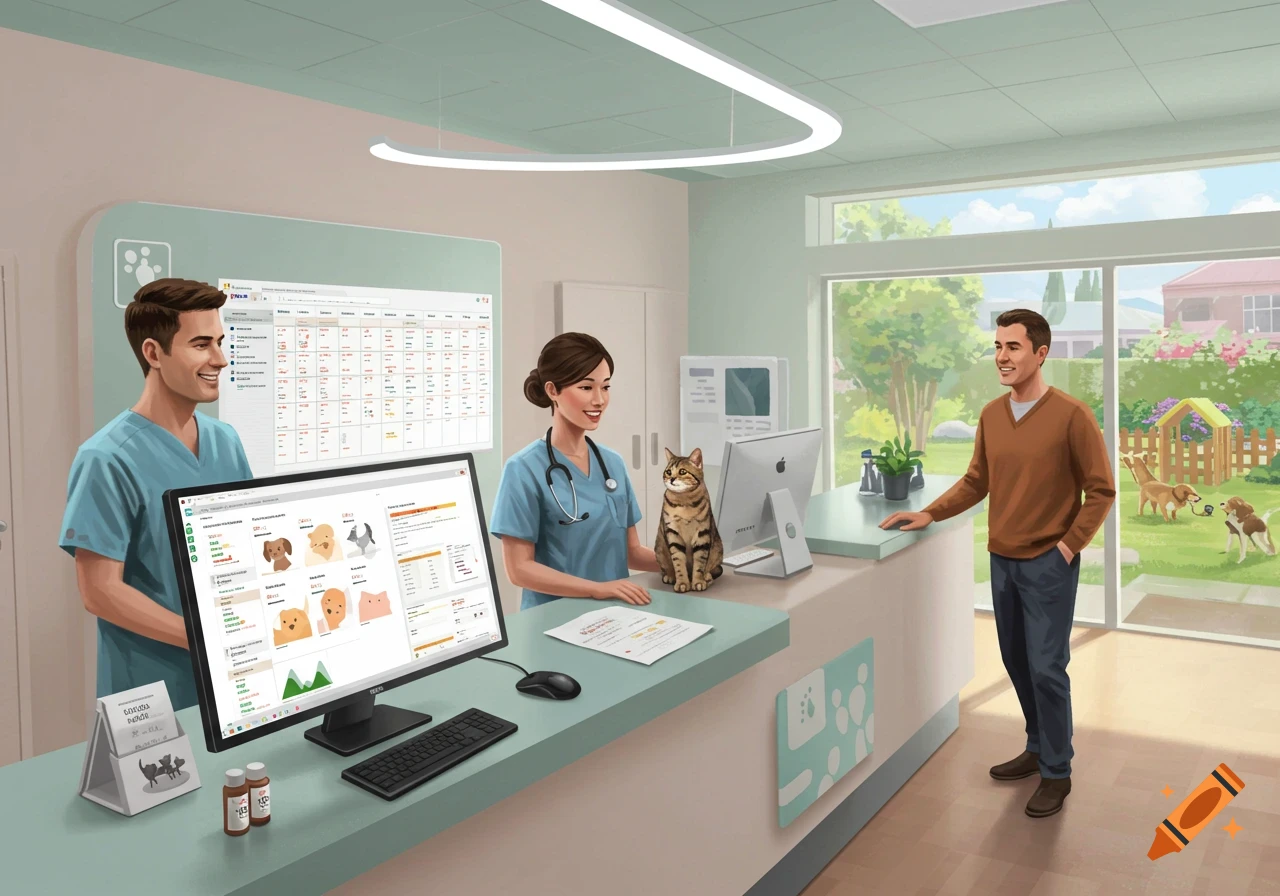 An illustration of a bright veterinary clinic reception area with two ...