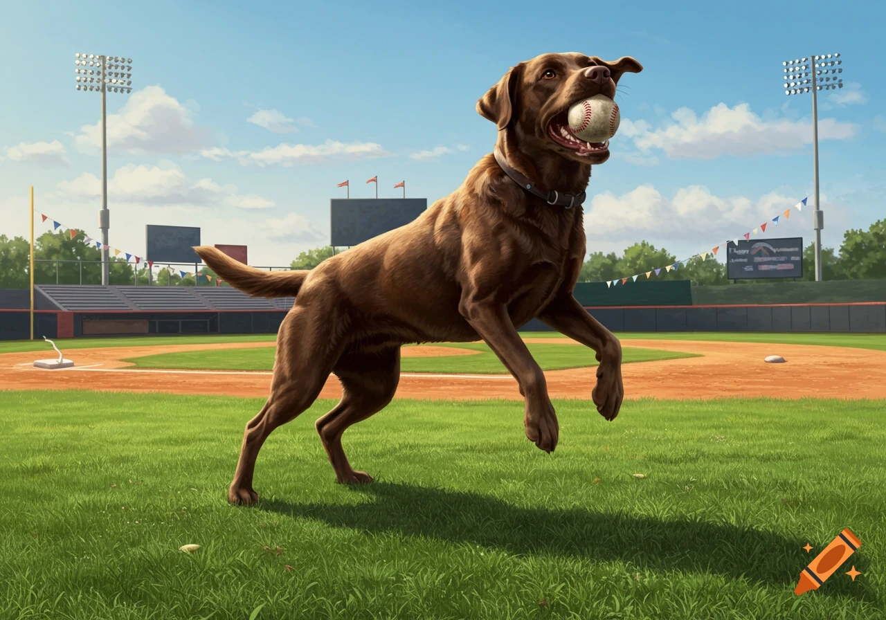 A happy chocolate Labrador retriever leaps on a baseball field with a ...