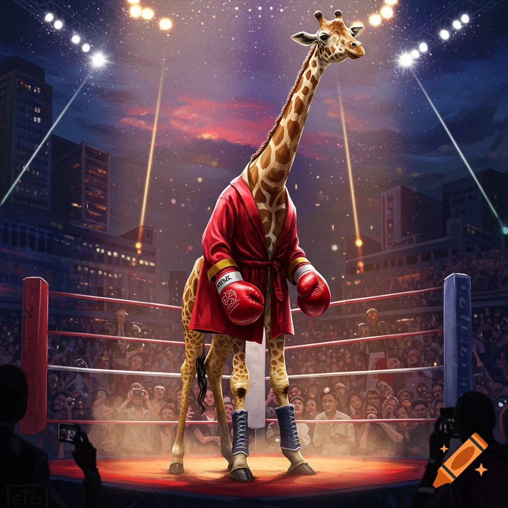 A photorealistic giraffe wearing a red boxing robe and red gloves ...