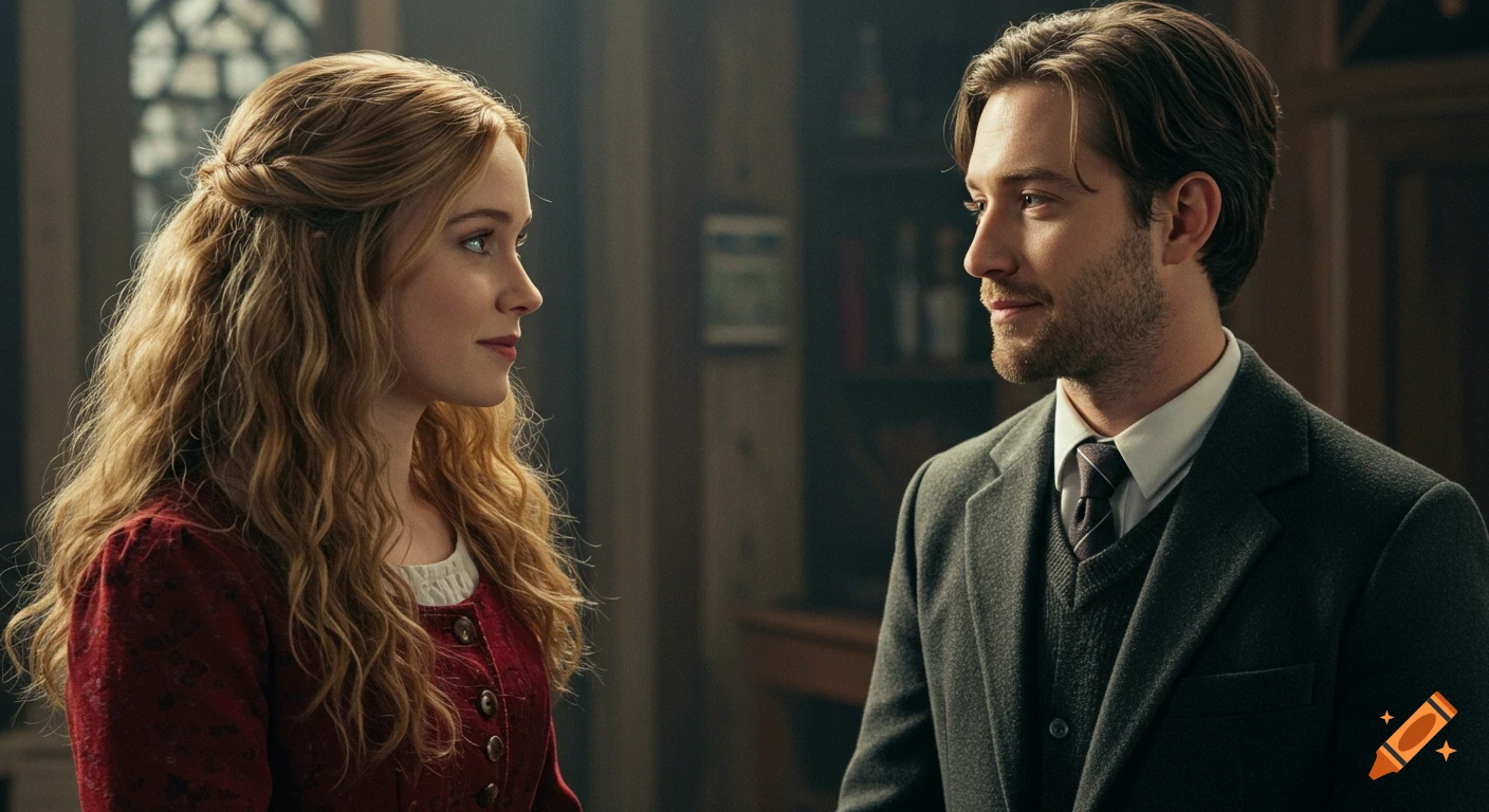 A man and a woman in period clothing look at each other in a dimly lit ...