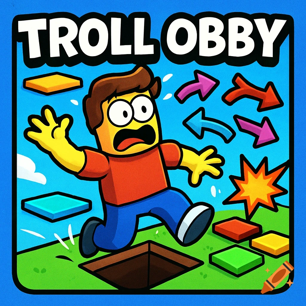 A cartoon game icon for 'Troll Obby' showing a Roblox-style character ...