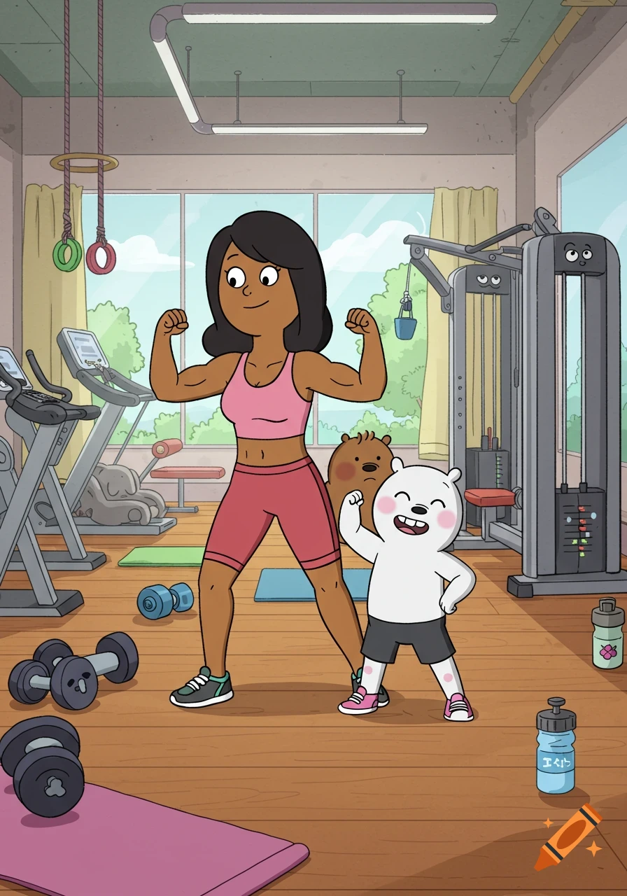 A cartoon image of Chloe's mom flexing her biceps in a pink sports bra ...