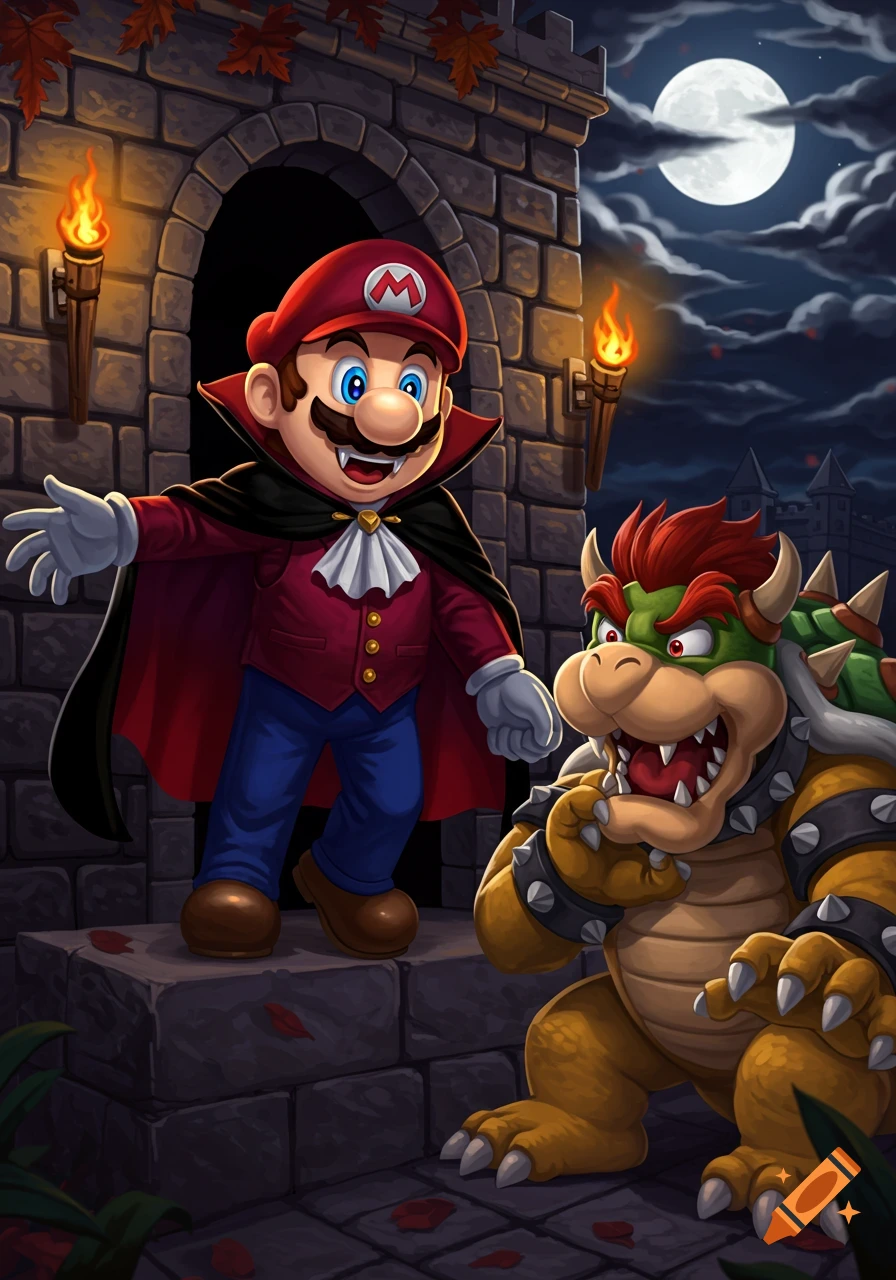 Mario dressed as a vampire scares Bowser in a dark castle courtyard ...