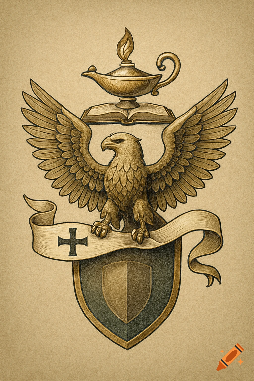 An elaborate medieval-style coat of arms with a monk, griffin, shield ...