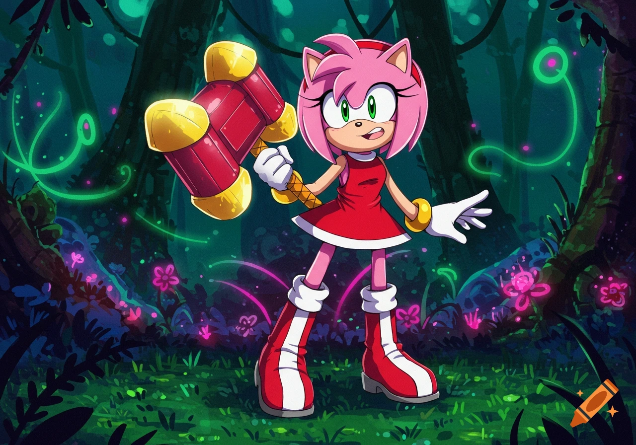Amy Rose holds her giant hammer in a vibrant, glowing fantasy forest ...