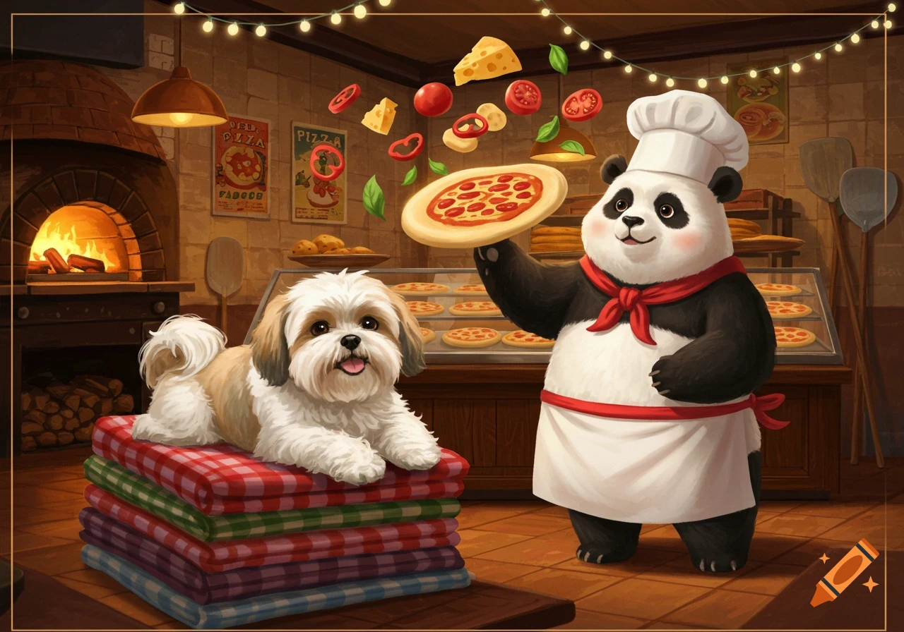 A cute Shih Tzu dog rests on blankets while a panda chef holds a pizza ...