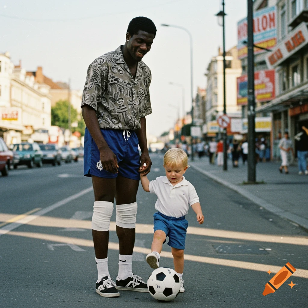 A tall Black man smiles, holding hands with a small blonde child ...