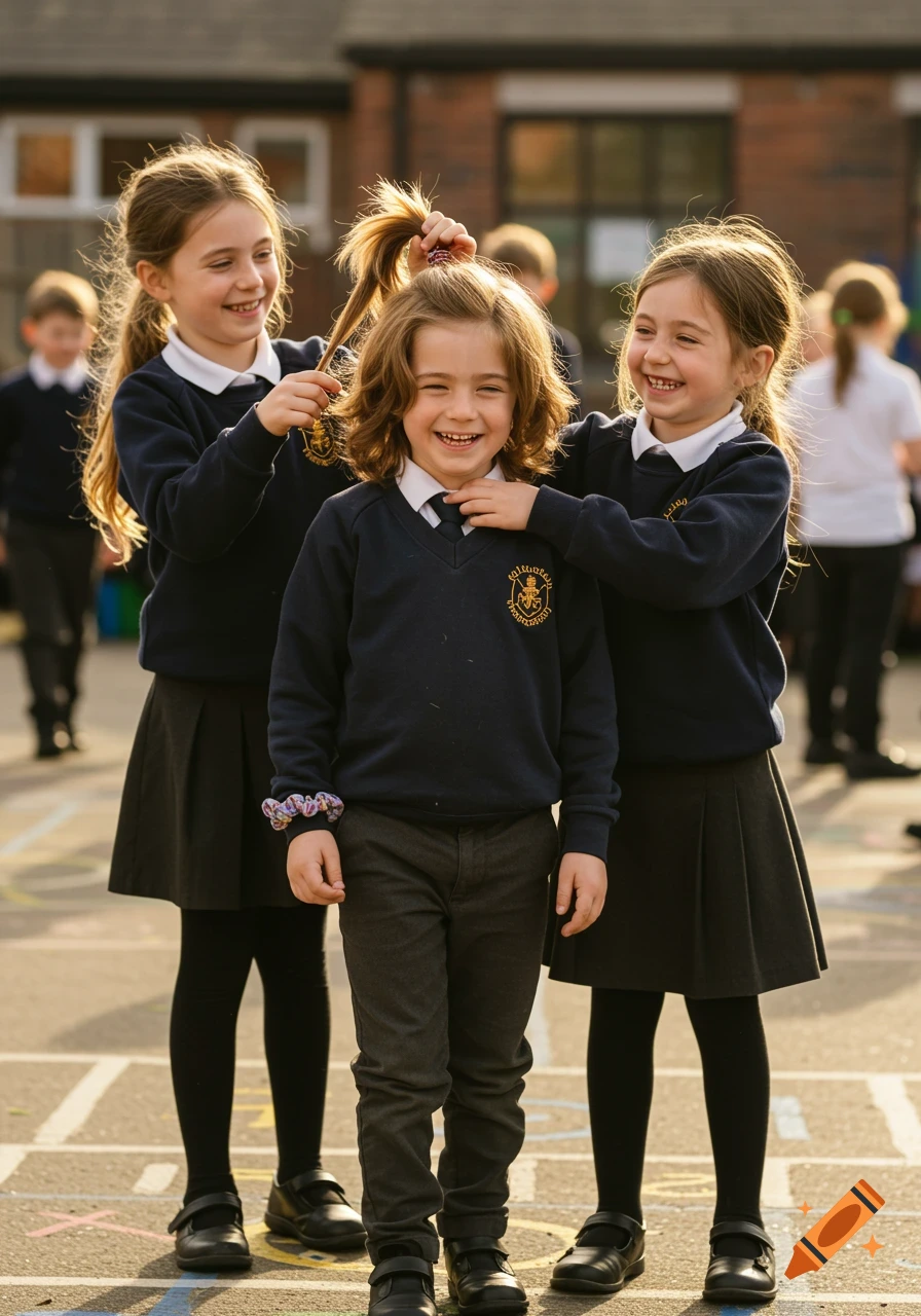 Three smiling children in school uniforms, two girls styling a boy's ...