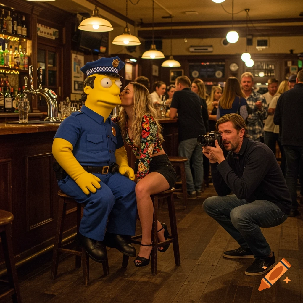 A woman kisses a Chief Wiggum mascot on a bar stool while a man ...