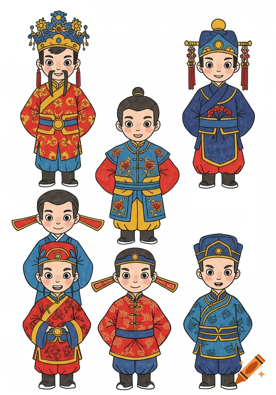 Seven cartoon Chinese boys in colorful traditional costumes, standing ...