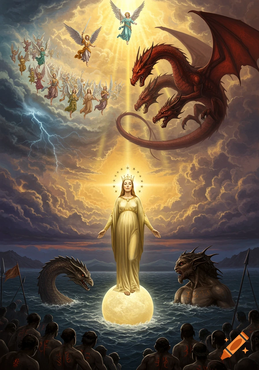 A pregnant woman crowned with stars stands on the moon amidst a ...