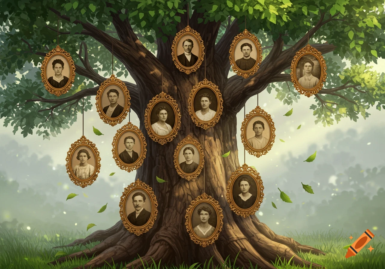 A large tree with many oval, gold-framed portraits of ancestors hanging ...